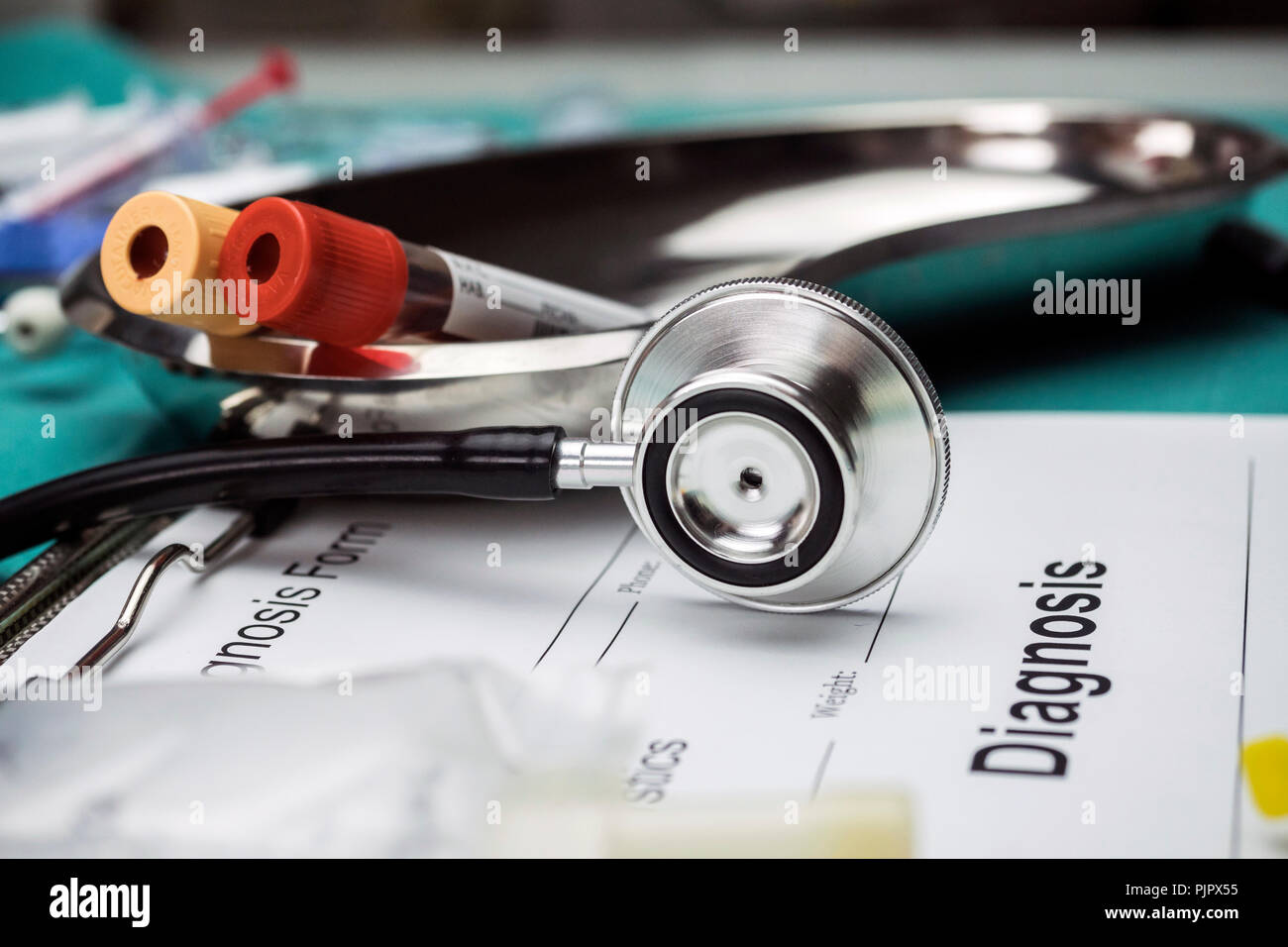 Diagnostic form, Vial of blood samples and Medicine in a hospital ...