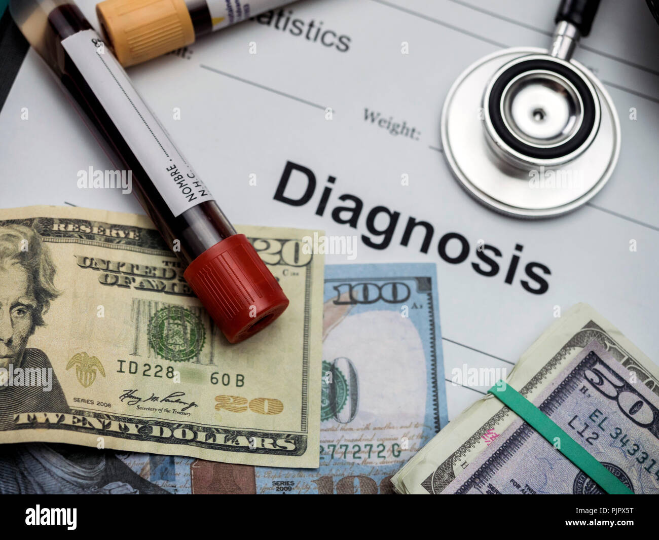 Diagnostic form, Vial of blood samples and Medicine in a hospital ...