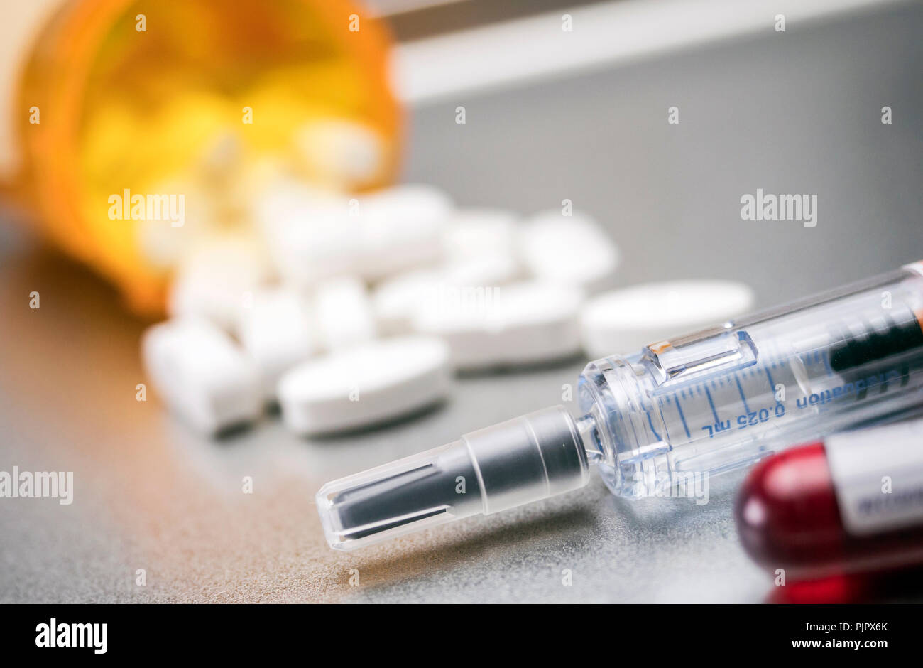 Analysis routine, medicines and syringe as concept of ordinary ...