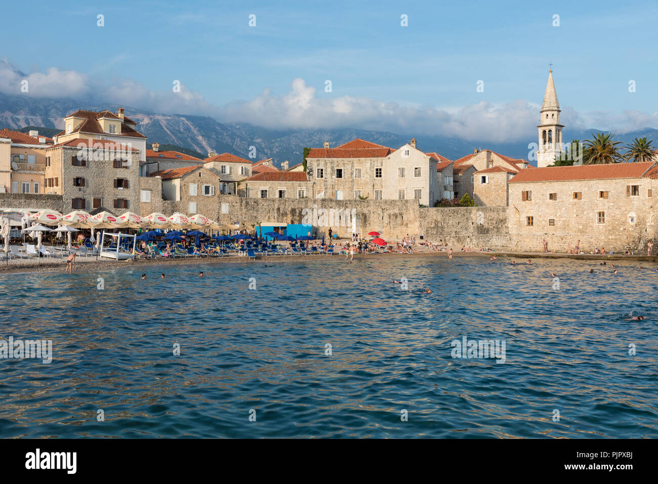 BUDVA, MONTENEGRO - JUNE 20, 2018: People are relaxing on the beach ...