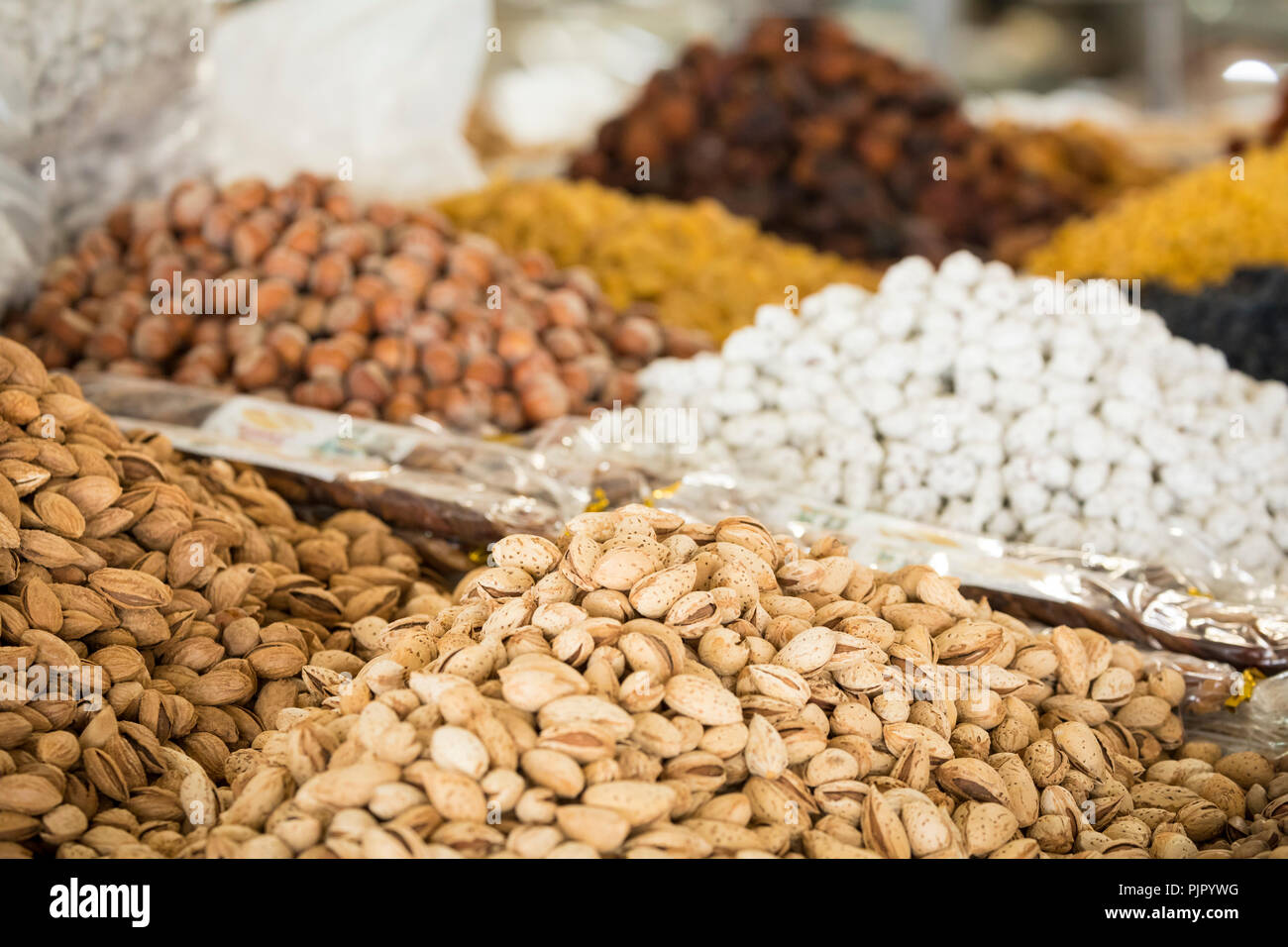 Dried fruits and nuts on local food market in Tashkent, Uzbekistan ...