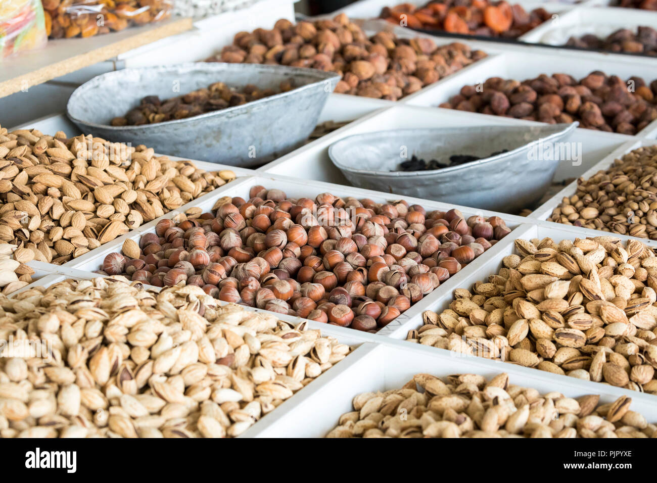 Dried fruits and nuts on local food market in Tashkent, Uzbekistan ...
