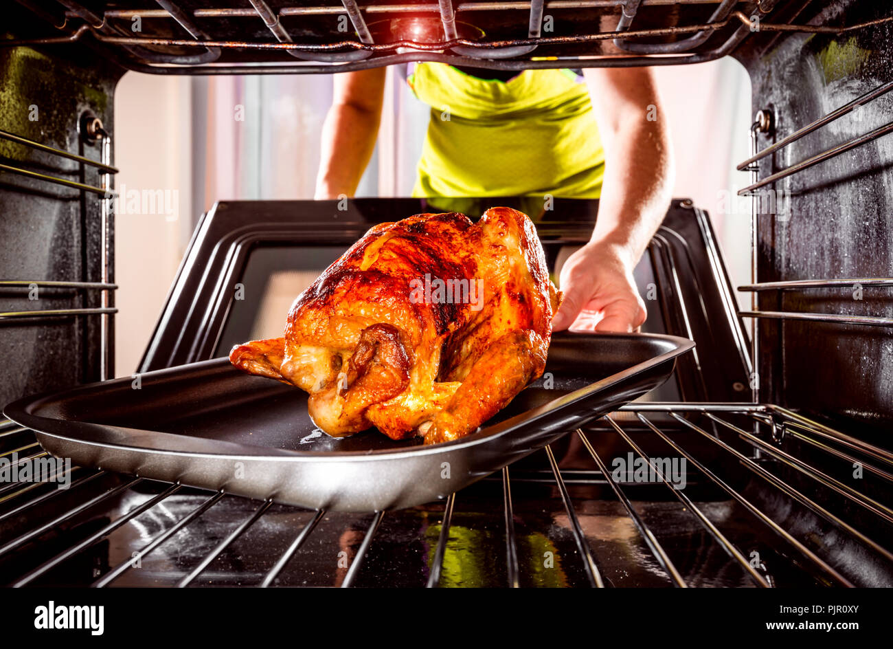 Housewife prepares roast chicken in the oven, view from the inside of ...