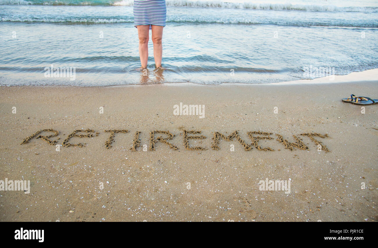 Retirement written on sand by sea at beach Stock Photo - Alamy