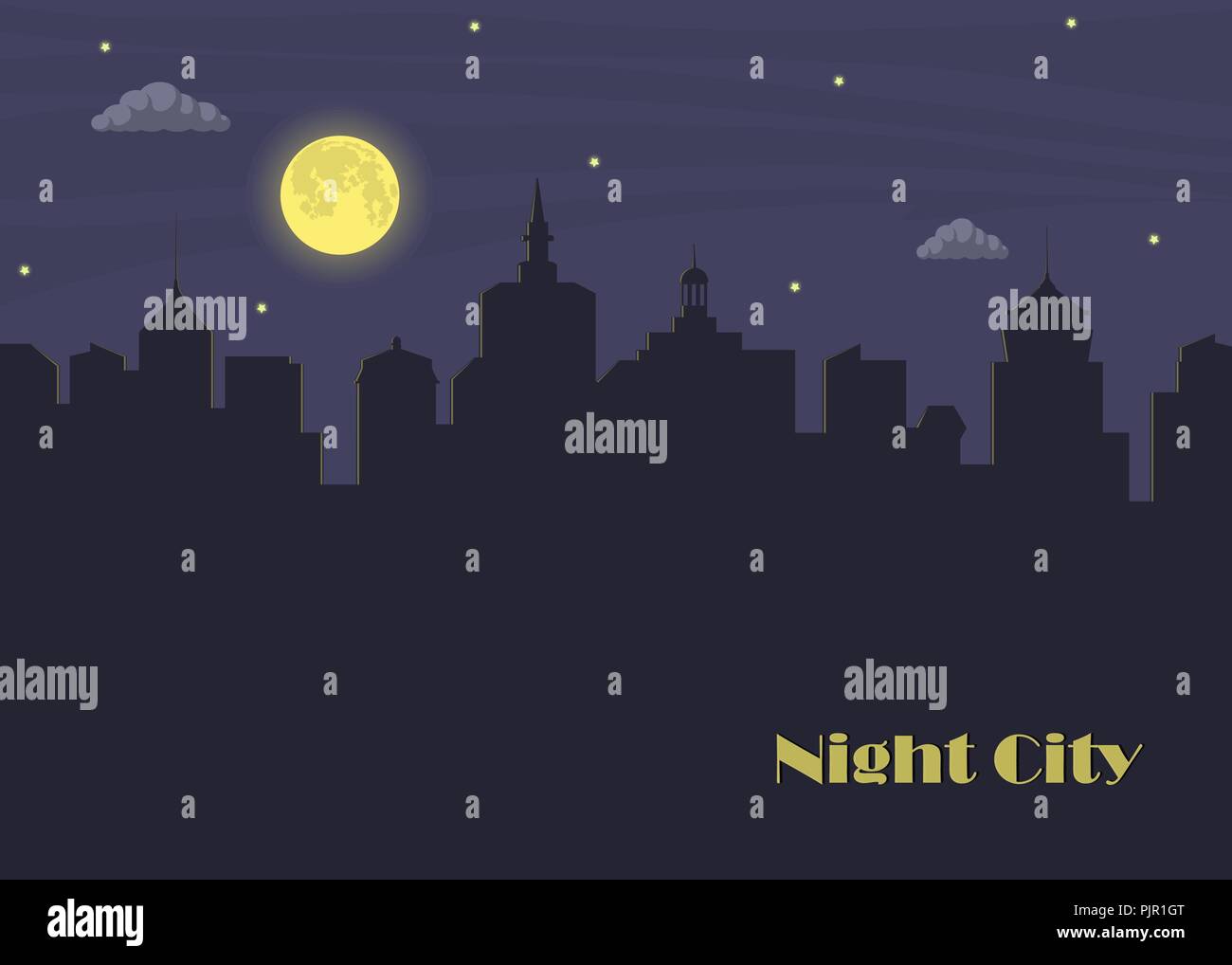 Night city and moon. Dark urban scape in moonlight. Night cityscape in ...