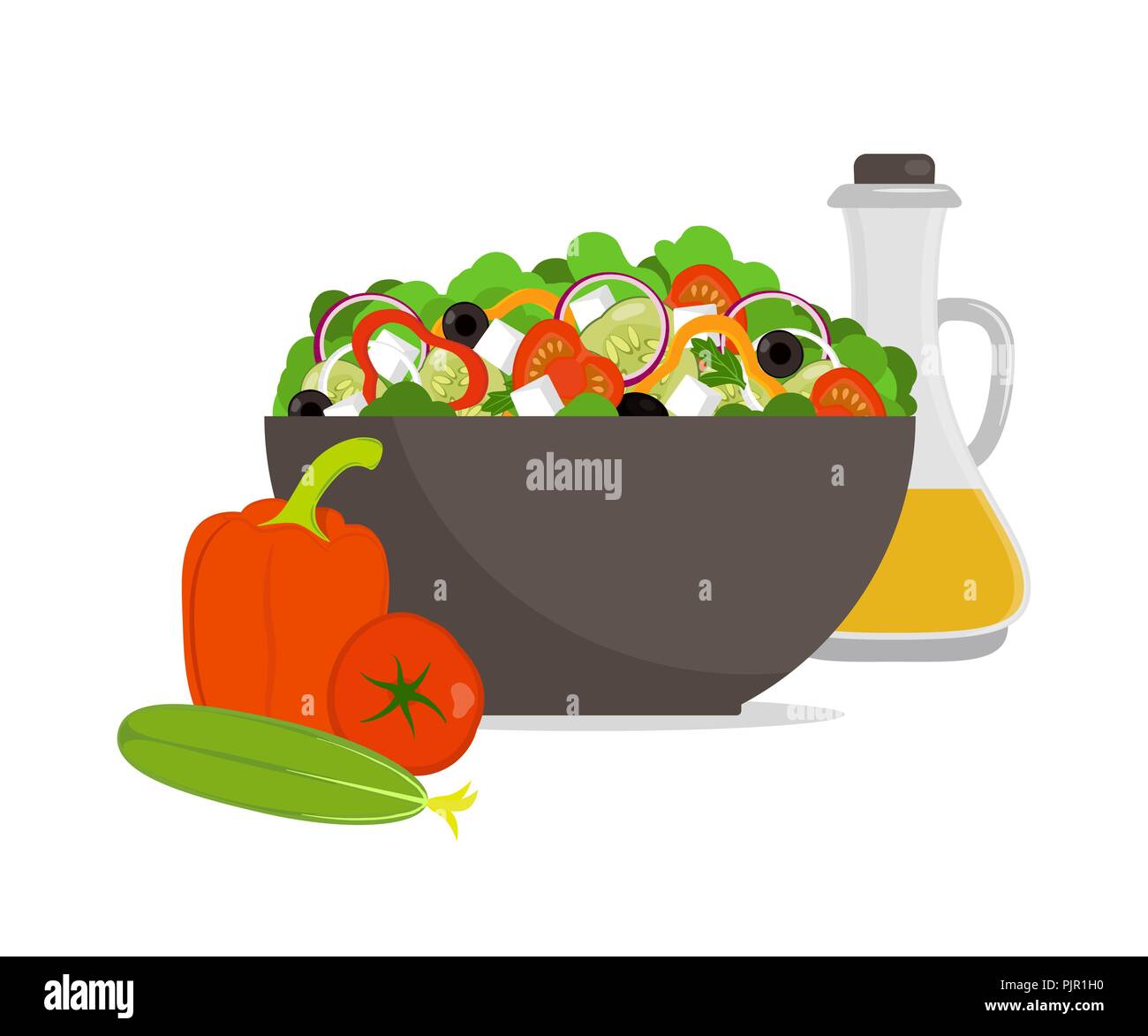 Fresh greek salad in big bowl, side view. Vegetables for greek salad ...