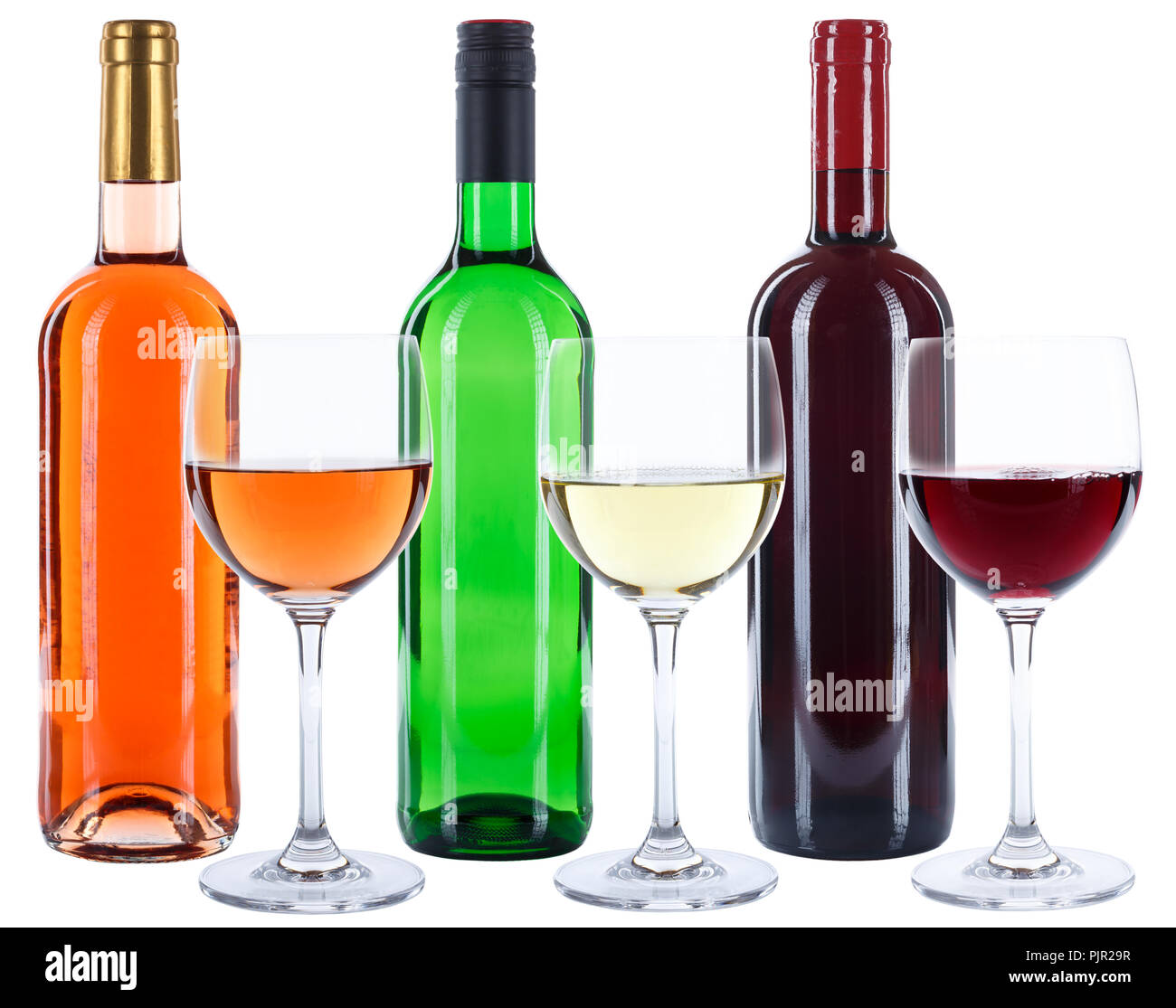 Wine bottles glasses red white rose alcohol isolated on a white ...