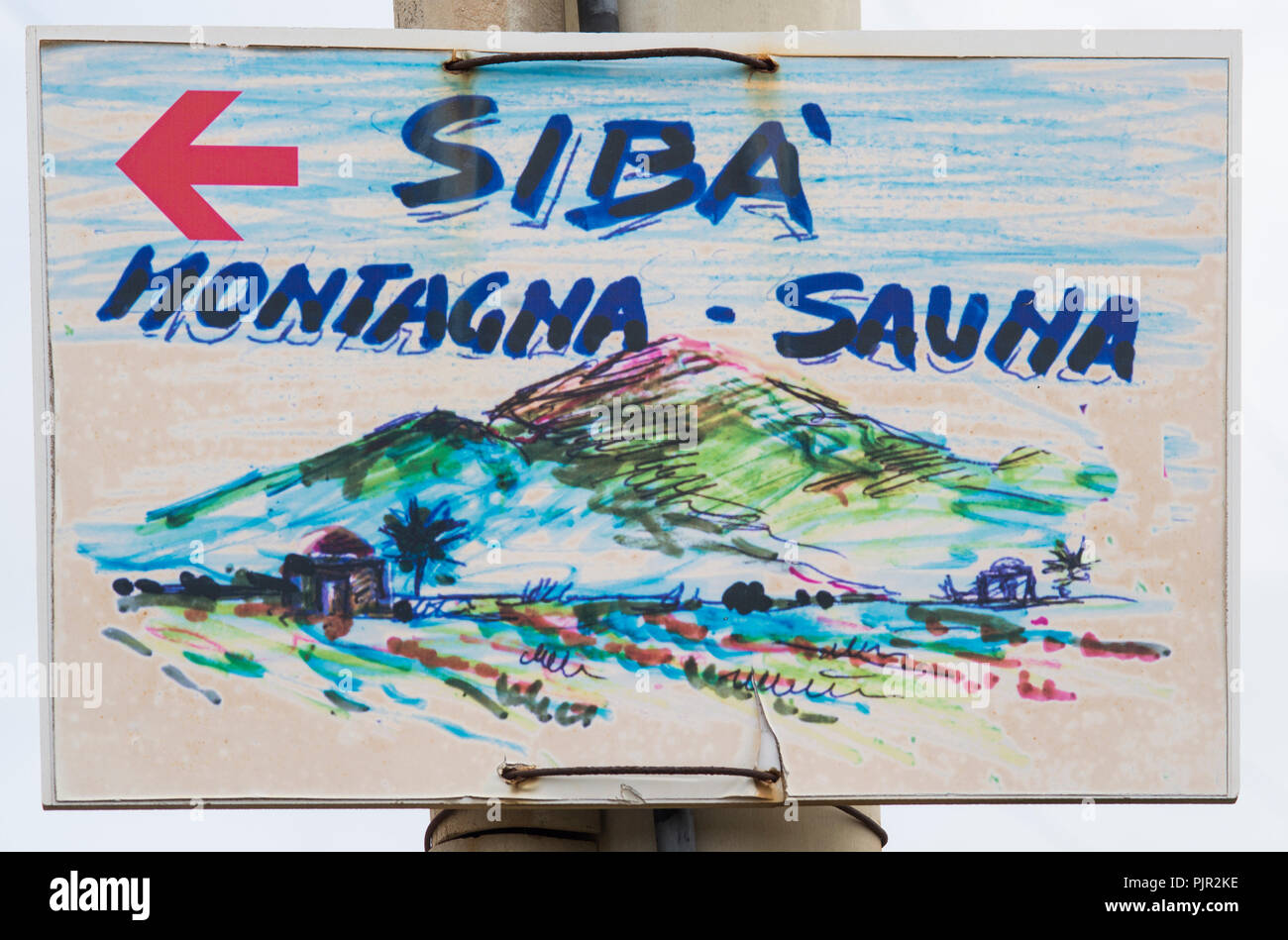 Road signs at Siba village to natural hot sauna, on the side of ...