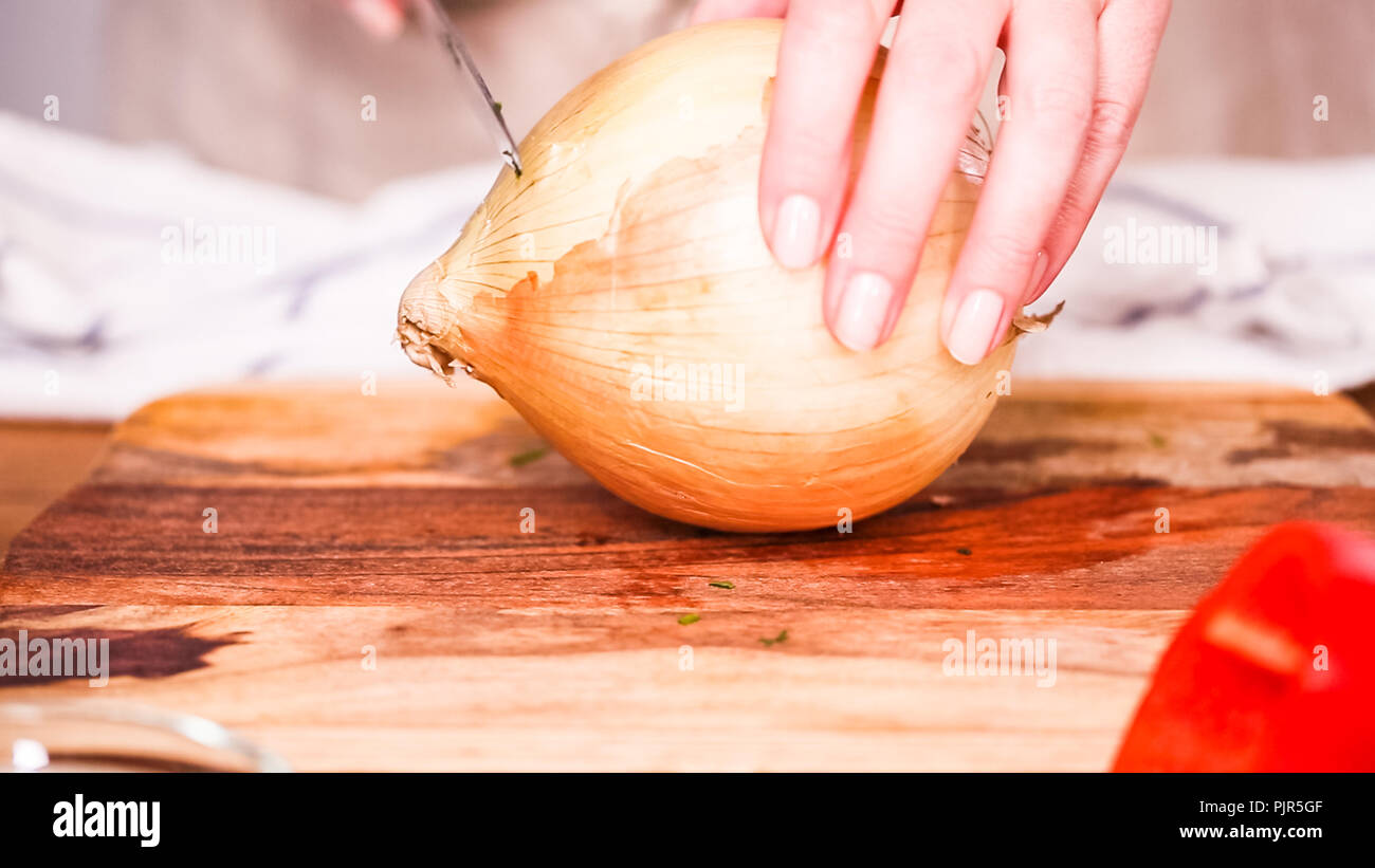 Step by step. Cutting vegetables to make filling for empanadas Stock ...