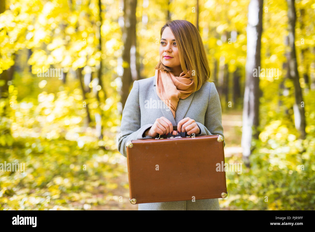Autumn, nature and people concept - Portrait of beautiful smiling woman ...
