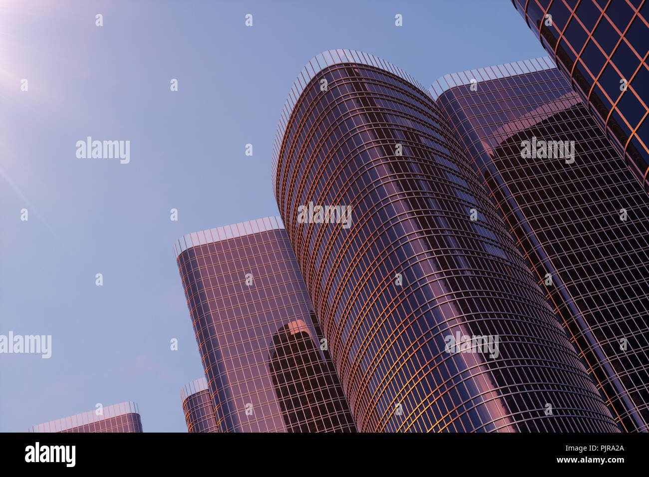3D Illustration Skyscrapers from a low angle view. Architecture glass ...