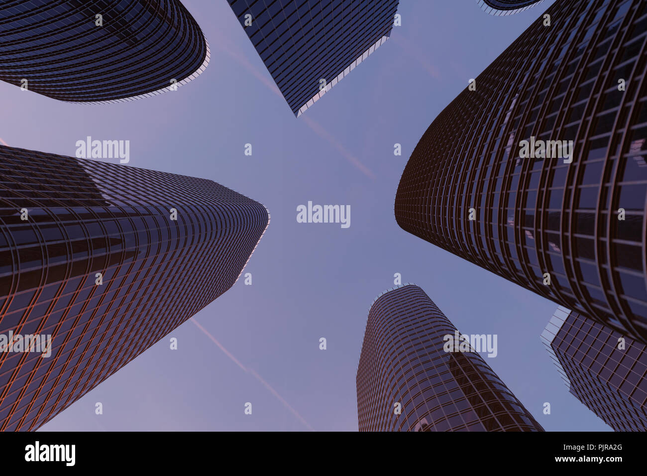3D Illustration Skyscrapers from a low angle view. Architecture glass ...