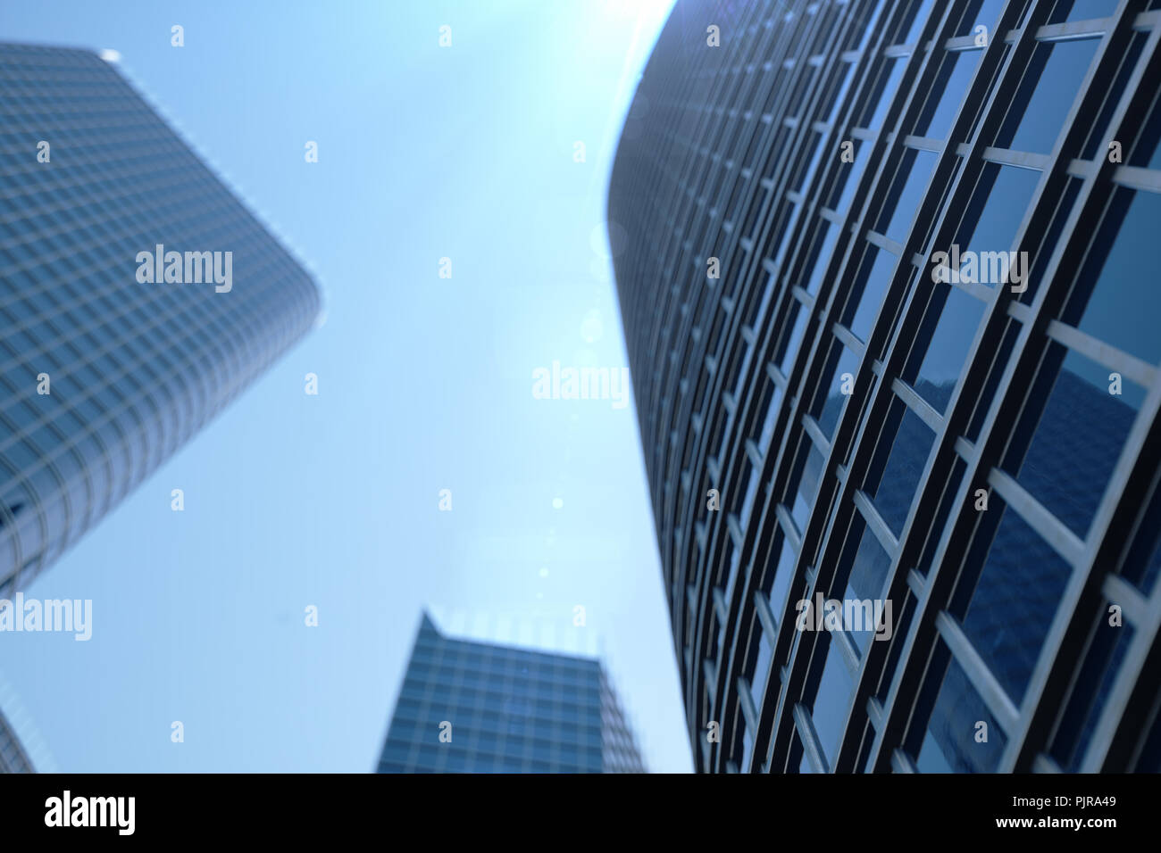 3D Illustration blue skyscrapers from a low angle view. Architecture ...