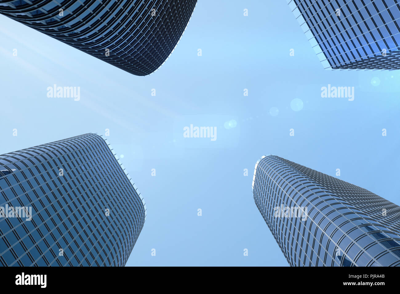 3D Illustration blue skyscrapers from a low angle view. Architecture ...