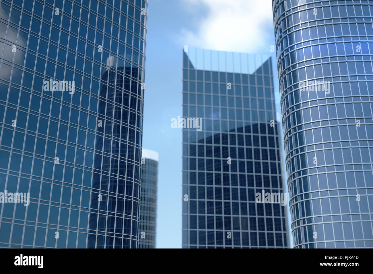 3D Illustration blue skyscrapers from a low angle view. Architecture ...