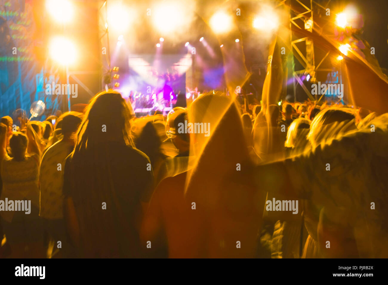 Crowd raising their hands and enjoying great festival party or concert ...