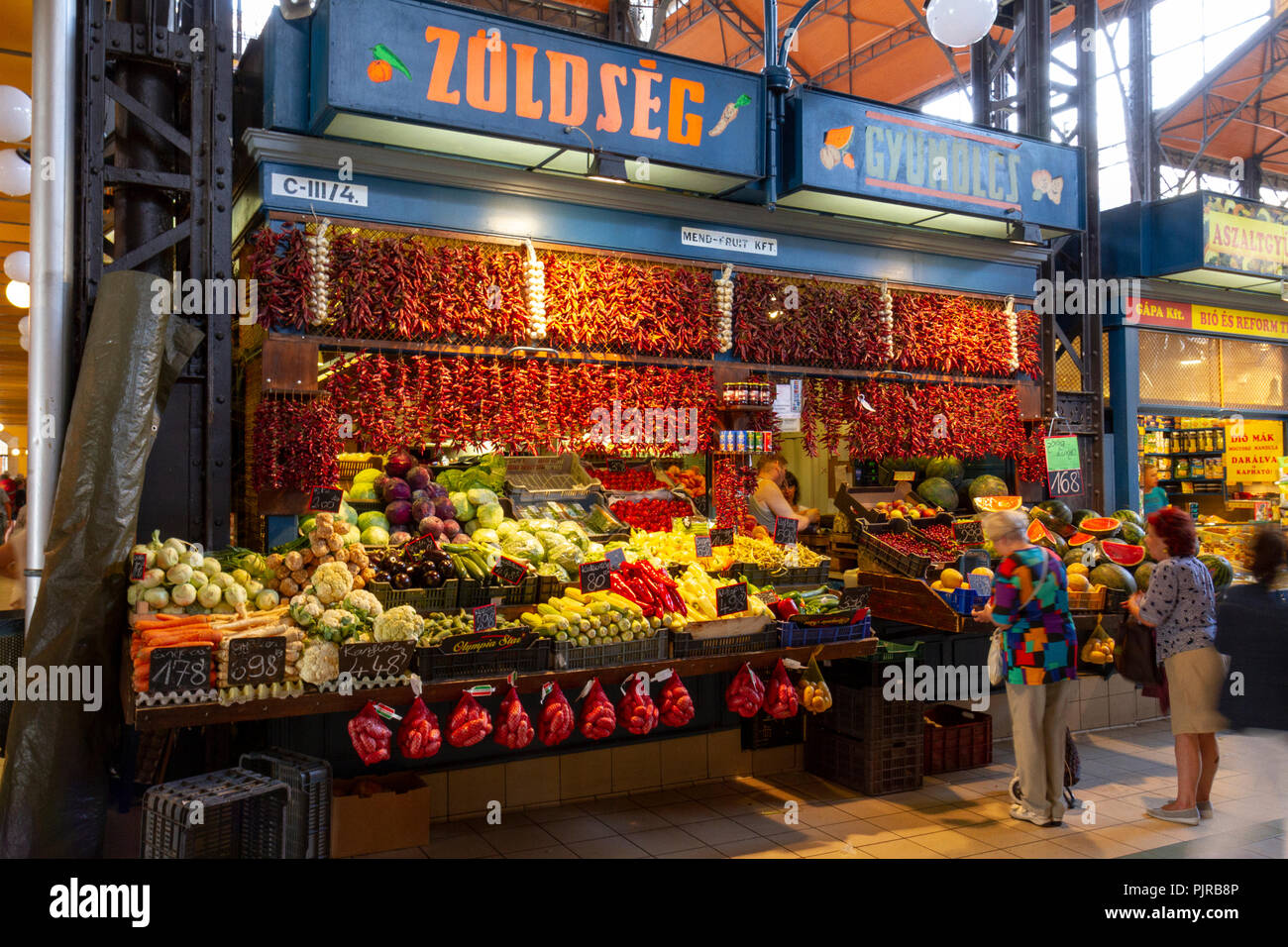 The "Zöldség" vegetable stall inside the Central Market Hall, Budapest ...
