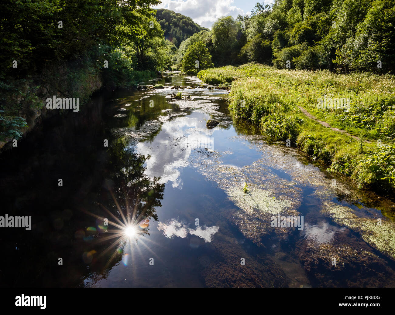 Sunlight reflected in the river Wye at Chee Dale in the Derbyshire Peak ...