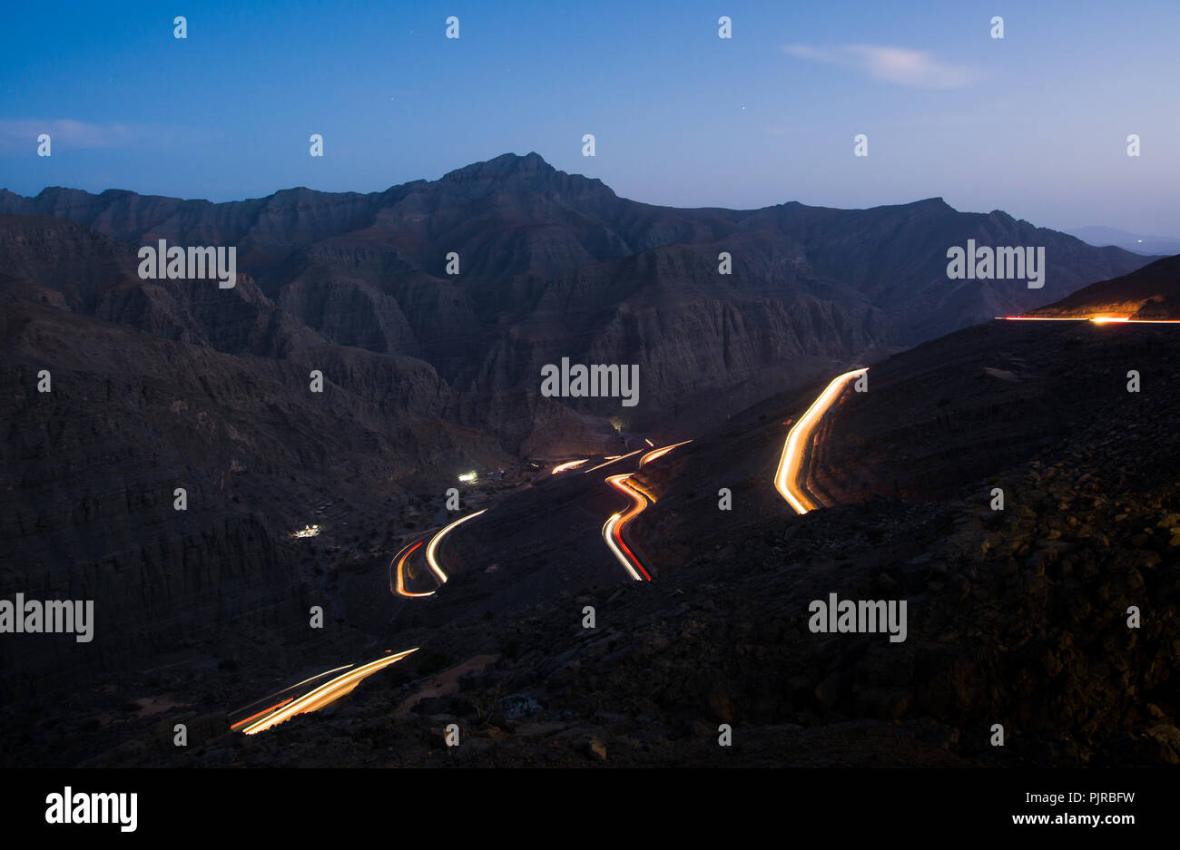 Light trails on Jabal Jais mountain road at night, UAE Stock Photo - Alamy