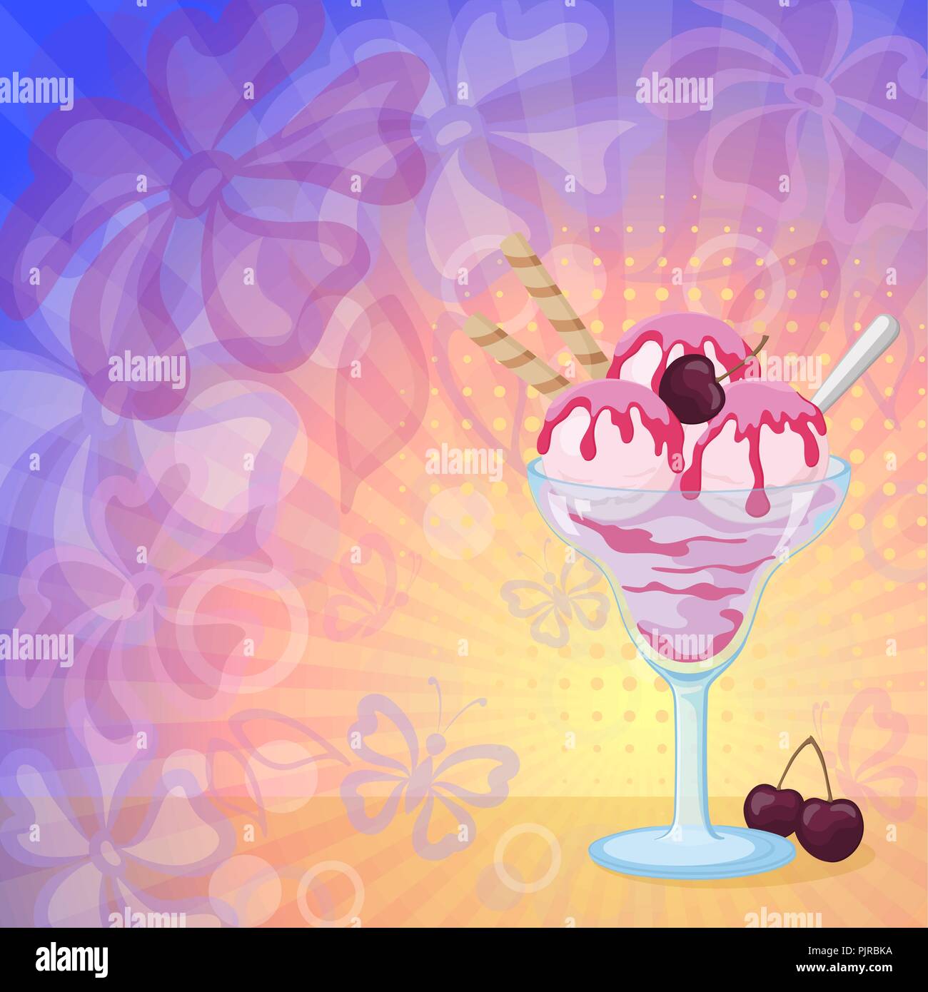 Food, Glass with Sundae Ice Cream with Syrup, Waffles and Cherry ...