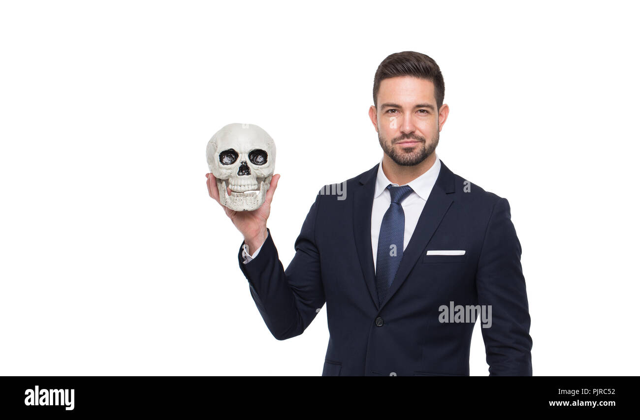 Businessman holding skull portrait, isolated on white Stock Photo - Alamy