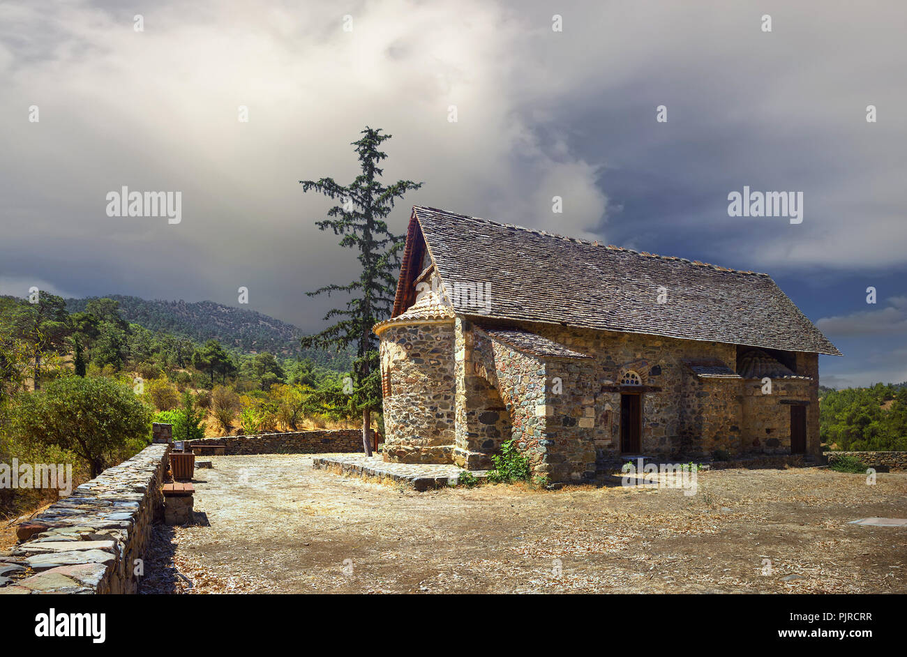 Church of Panagia tis Asinou in the summer sunny day. Nikitari. Cyprus ...