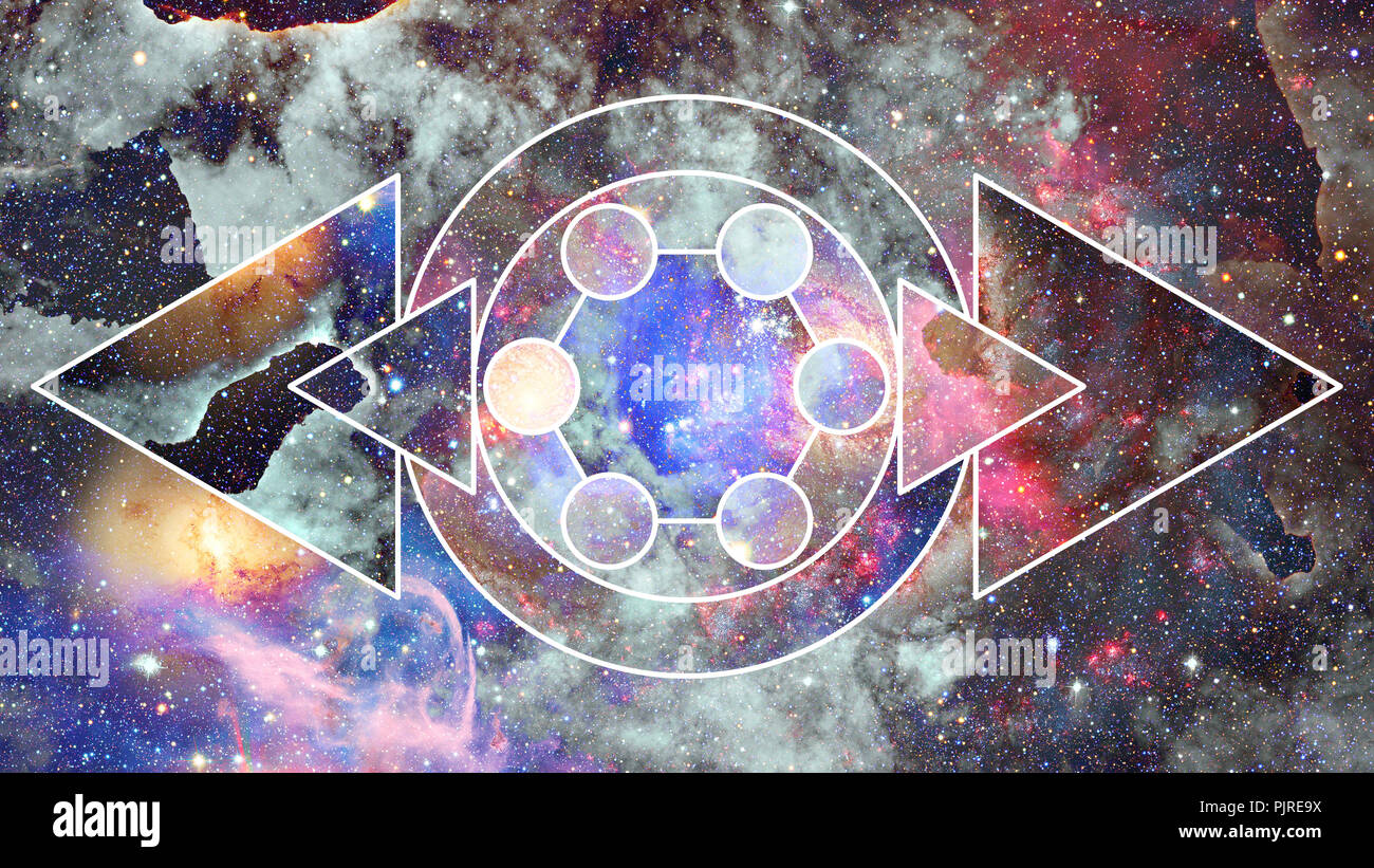Universe, nebula, galaxy and the sacred geometry collage. Abstract ...