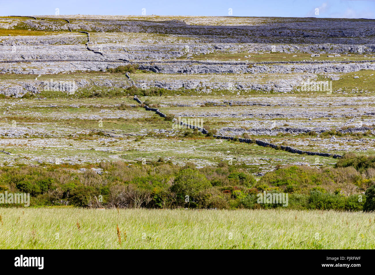Farm field and rock mountain in Burren way trail, Ballyvaughan, Clare ...