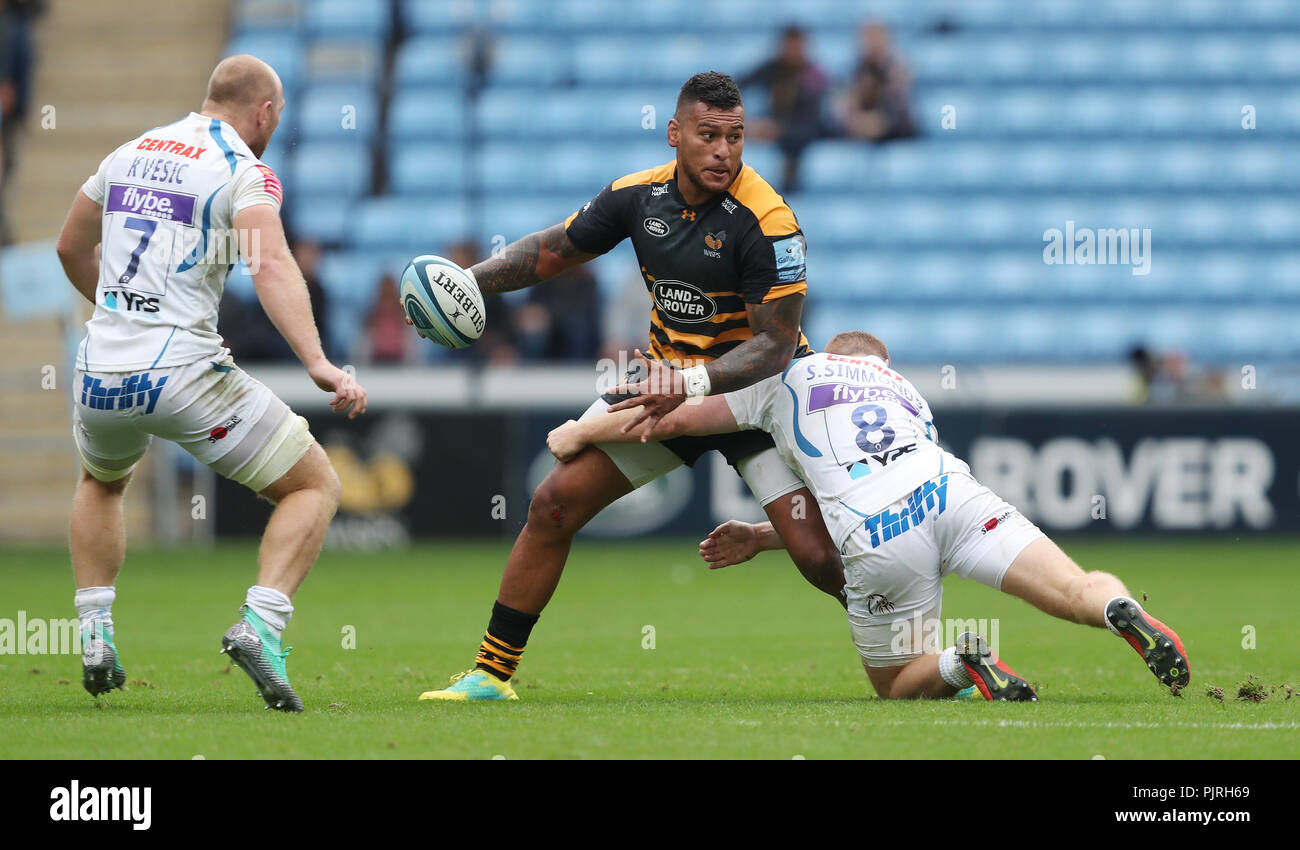 Wasps Nathan Hughes is tackled by Exeter Chief's Sam Simmonds during ...