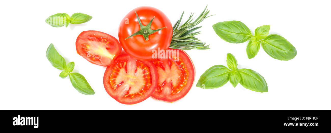 Tomatoes tomatos vegetables with basil from above banner isolated on a ...