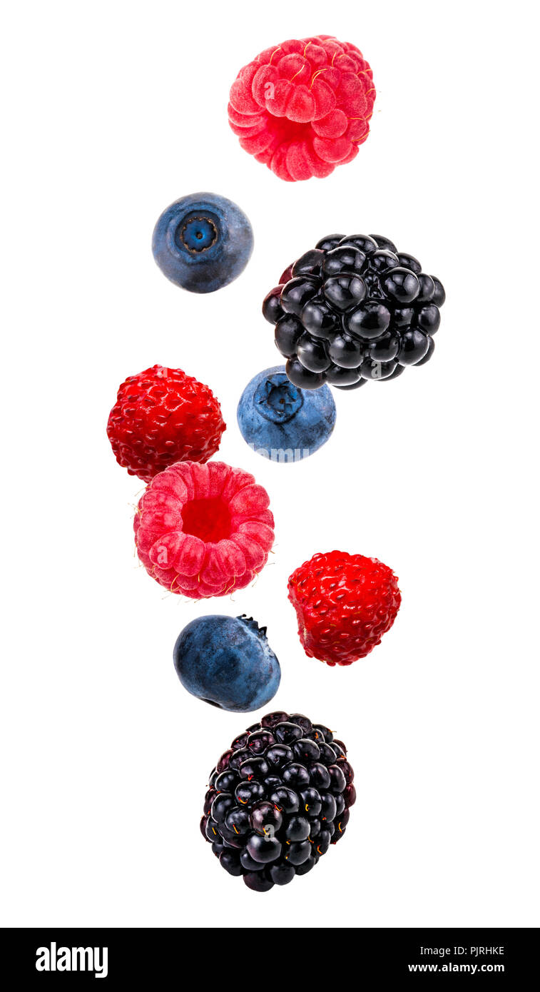 Falling berry mix isolated on a white background Stock Photo - Alamy