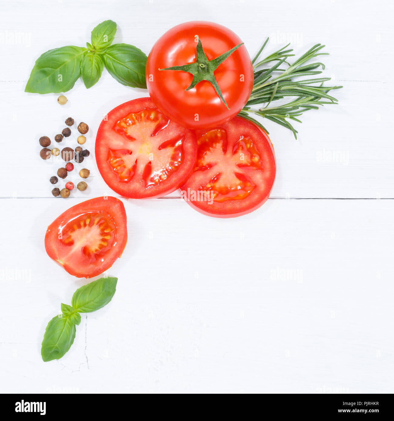Tomatoes tomatos vegetables with basil from above square copyspace copy ...