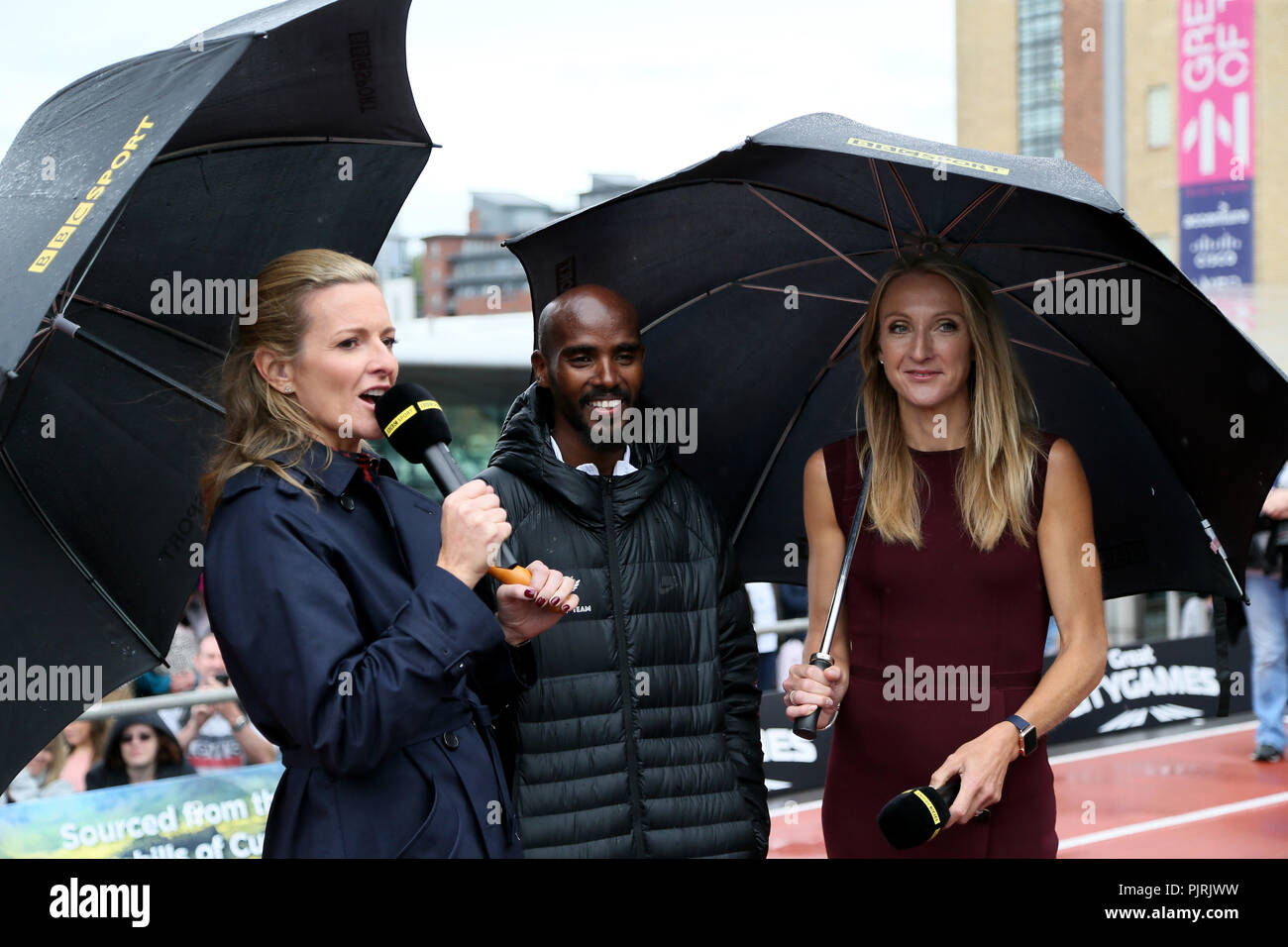 Gabby Logan (left), Sir Mo Farah (centre) and Paula Radcliffe after the ...