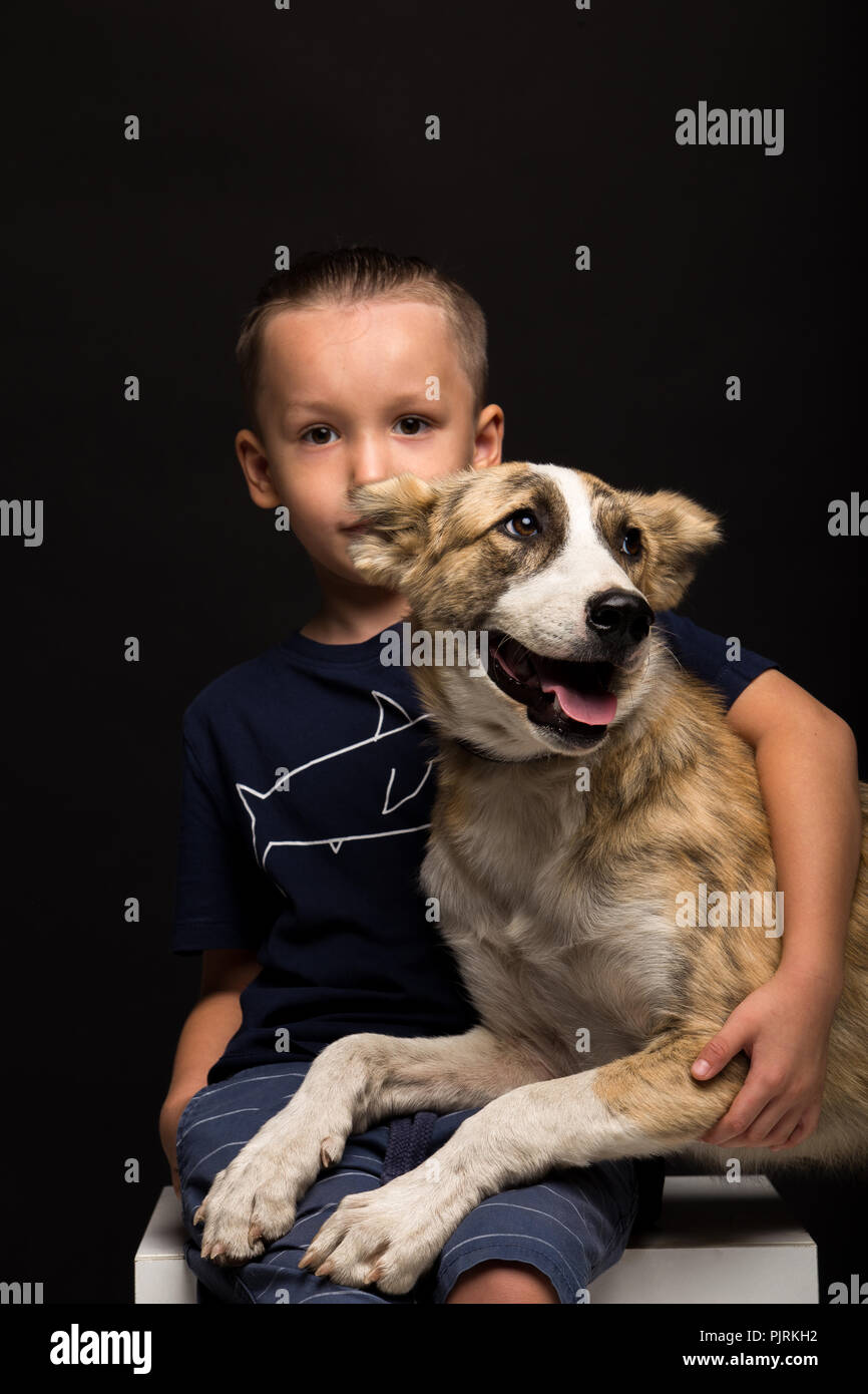 a little boy hugging a dog on a black background. studio shot Stock ...
