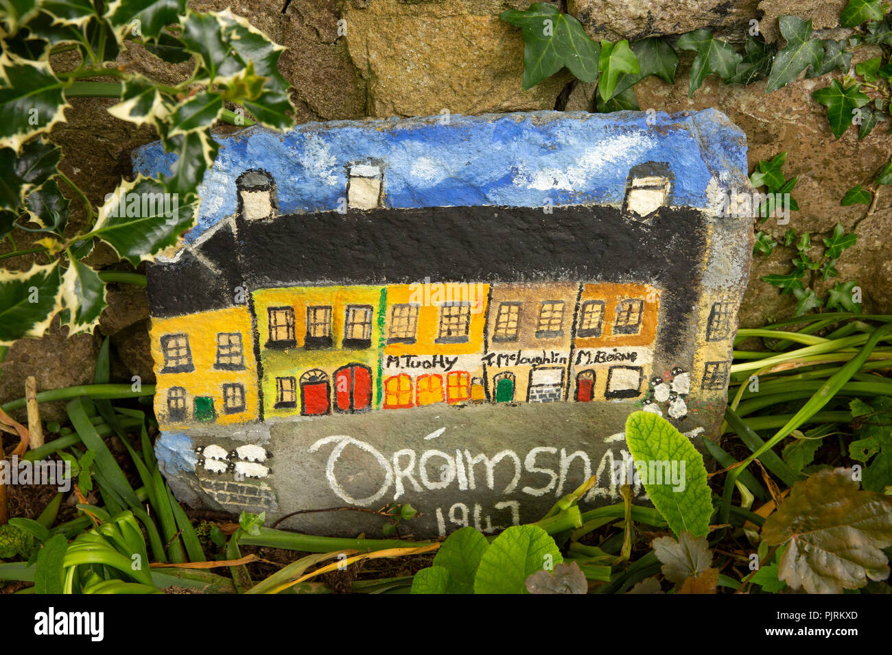 Ireland, Co Leitrim, Drumsna, painted village history stone on Shannon ...