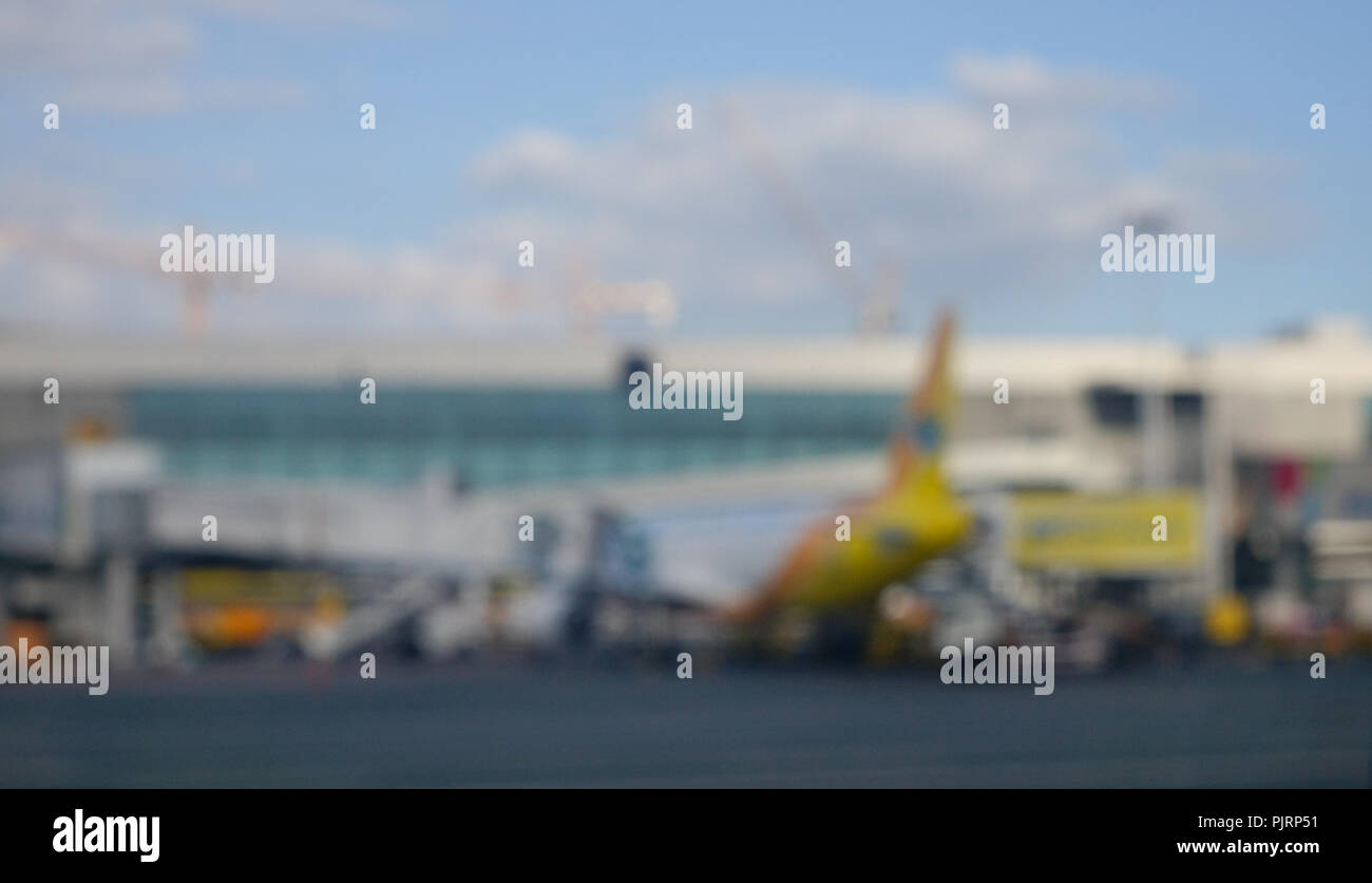 Blurred airport with airplanes on runway. Transportation background ...