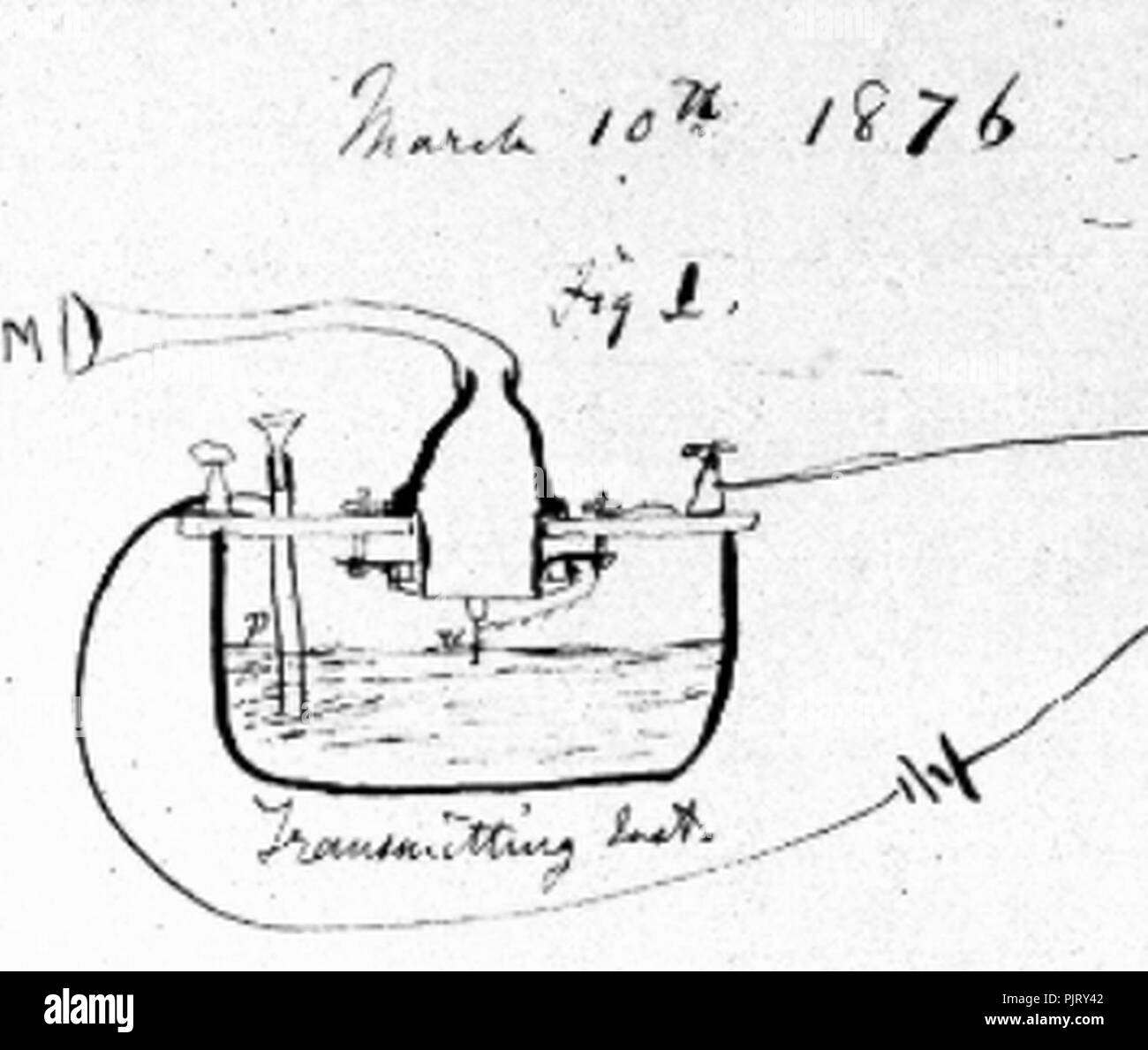 Bell's drawing of the liquid transmitter that transmitted the first ...