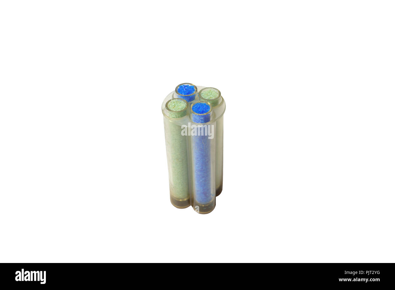 four test tubes, filled to the brim iron and copper vitriol, placed in ...