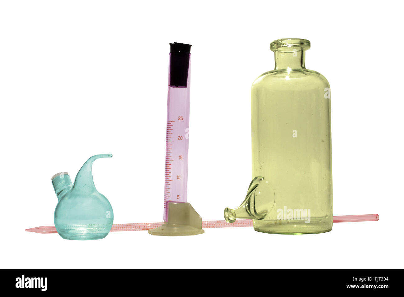 assorted colorful lab glassware - research equipment of colored glass ...