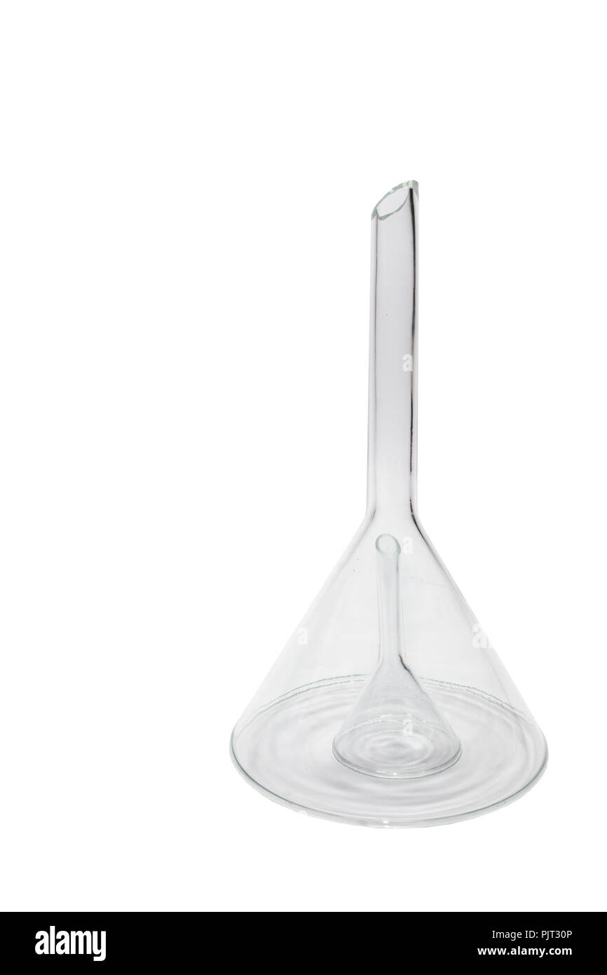 laboratory funnels of transparent glass. big one covers small. isolated ...
