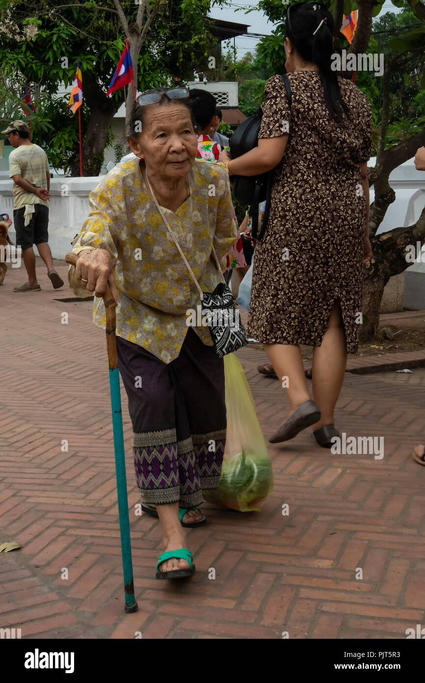 Elderly lady with walking stick and shopping bag Stock Photo - Alamy