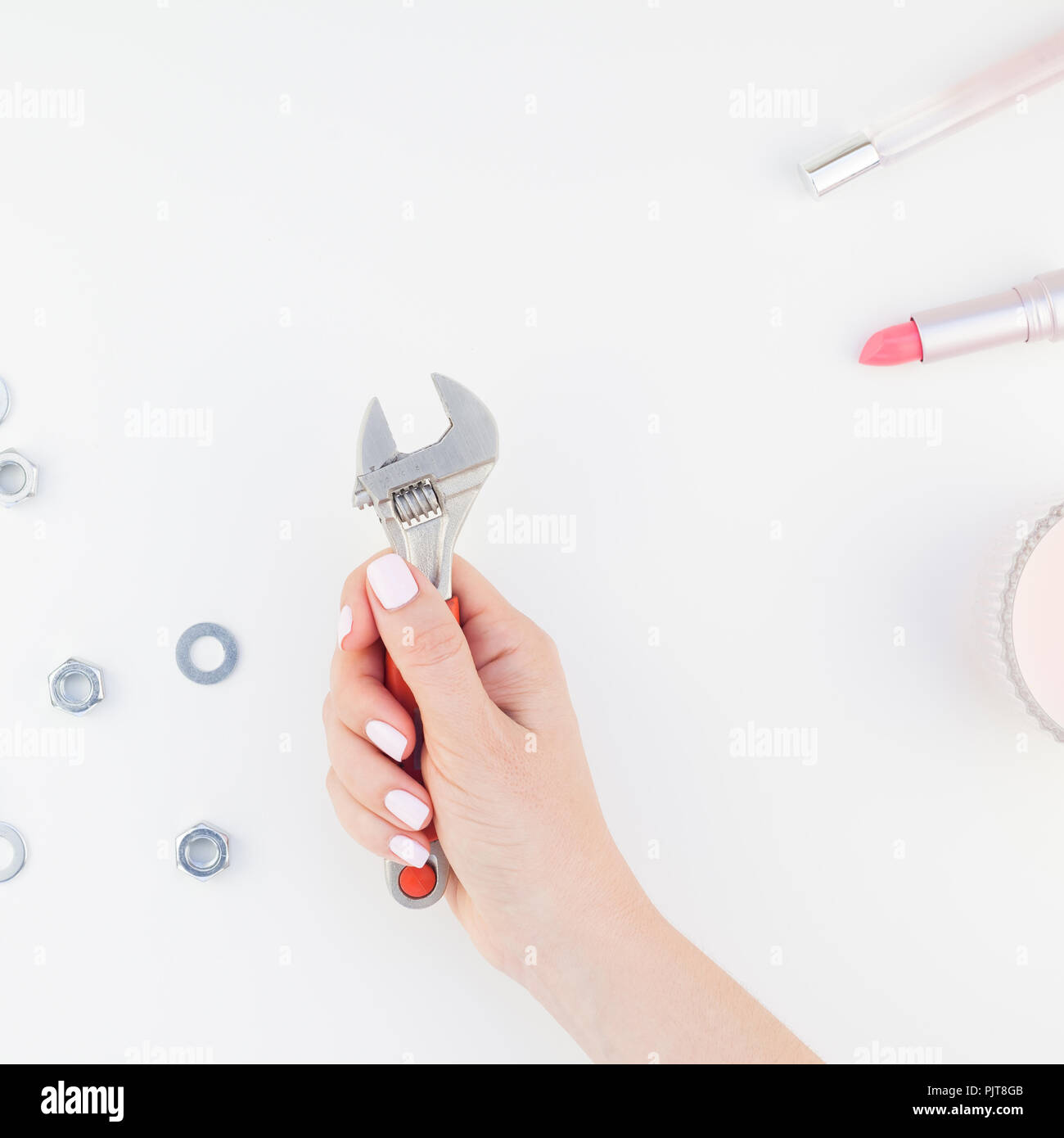 Creative square image of woman hand with pastel manicure polish holding ...