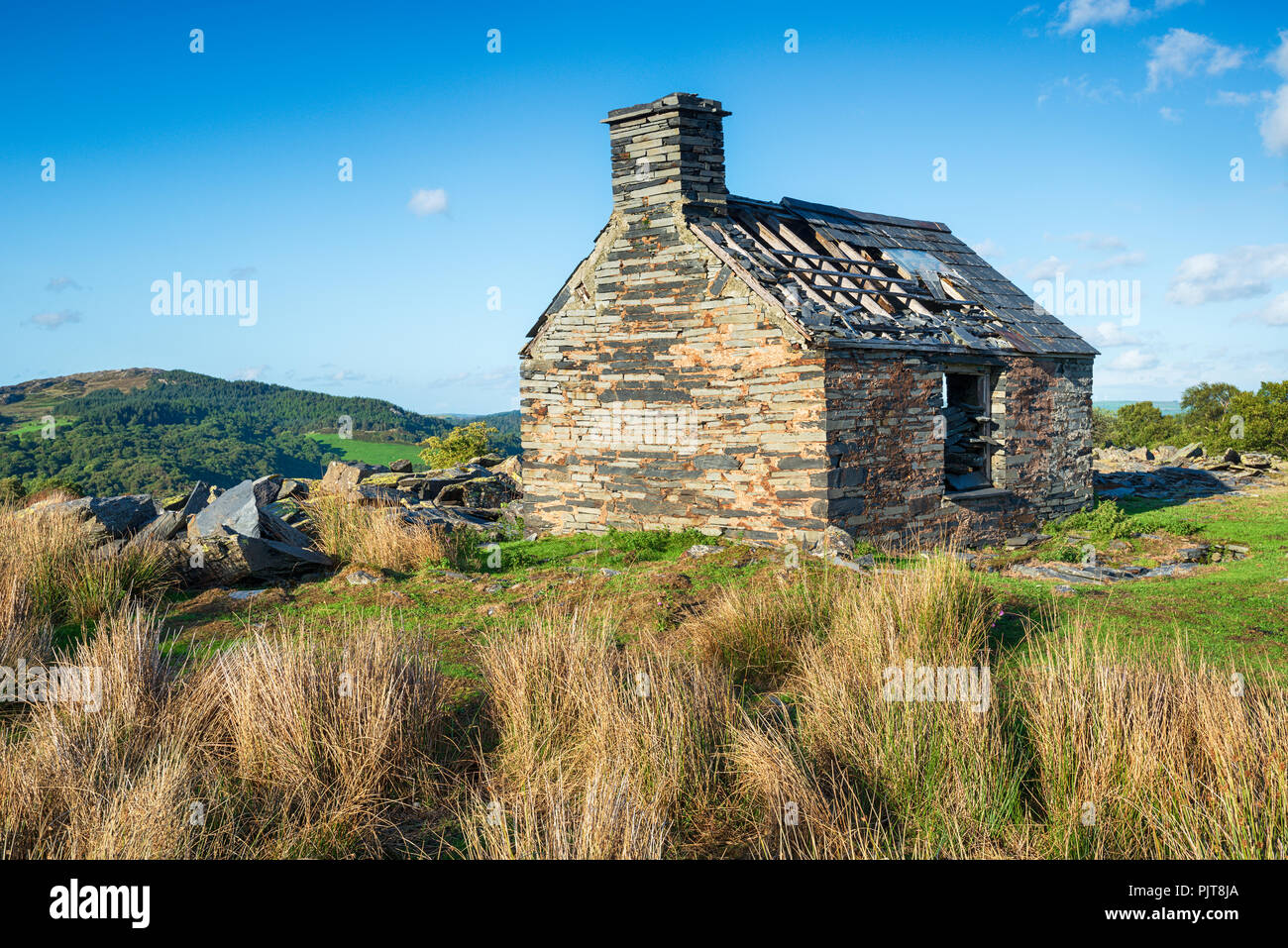 An old ruined cottage at Rhos Quarry near Capel Curig in Snowdonia ...