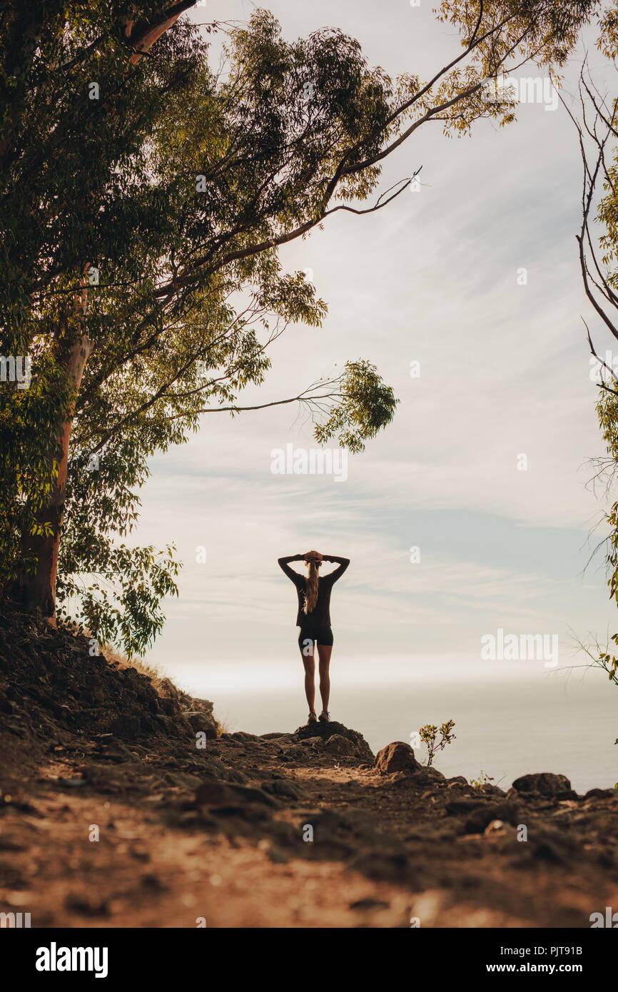 Rear view of woman standing on mountain peak looking at view with hands ...