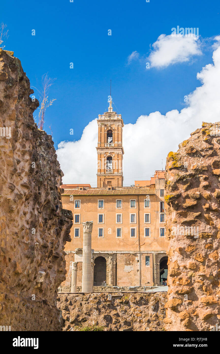 Church tower bell view from ruins of Forum Romanum, (Roman Forum), Rome ...