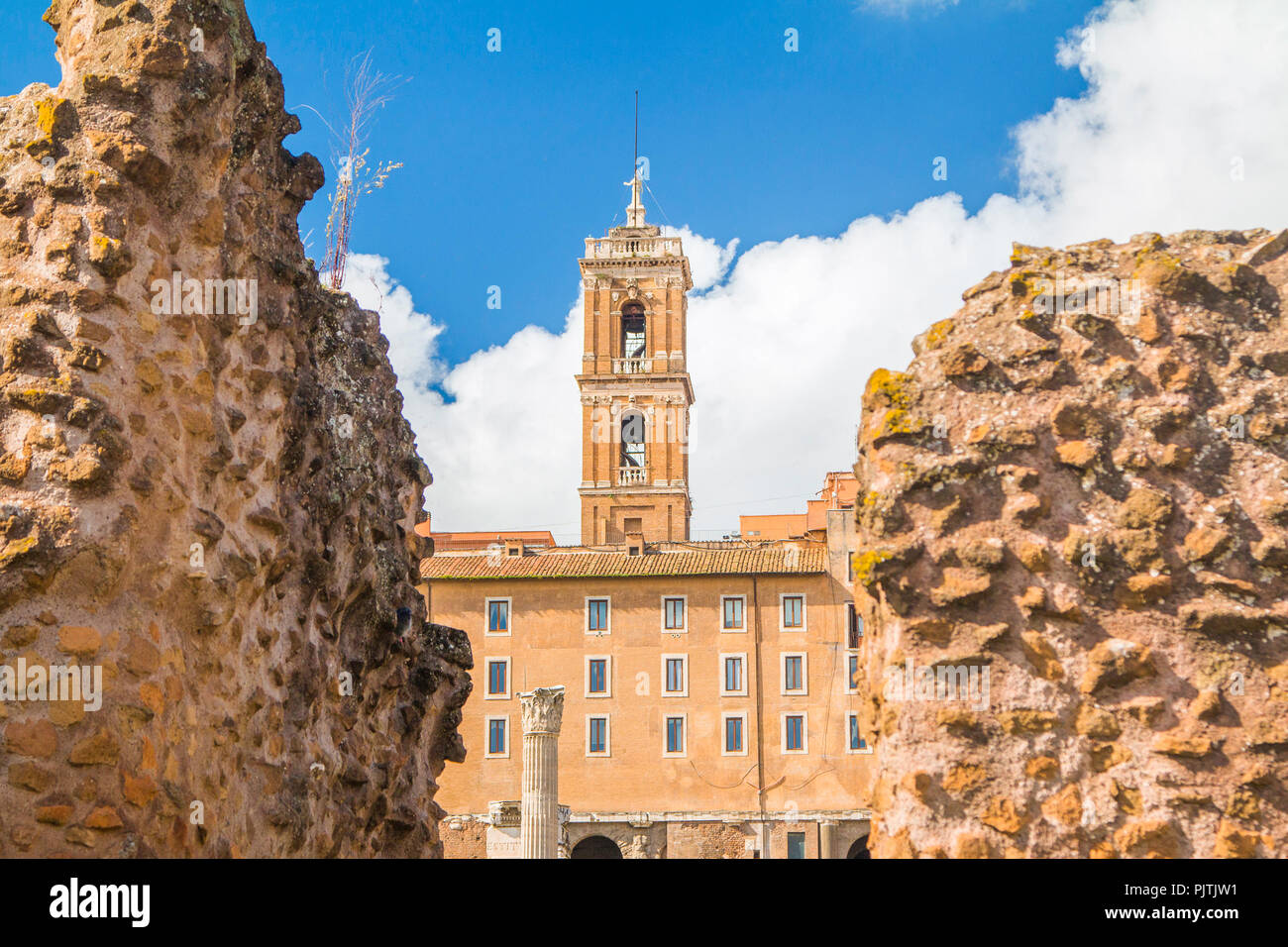 Church tower bell view from ruins of Forum Romanum, (Roman Forum), Rome ...