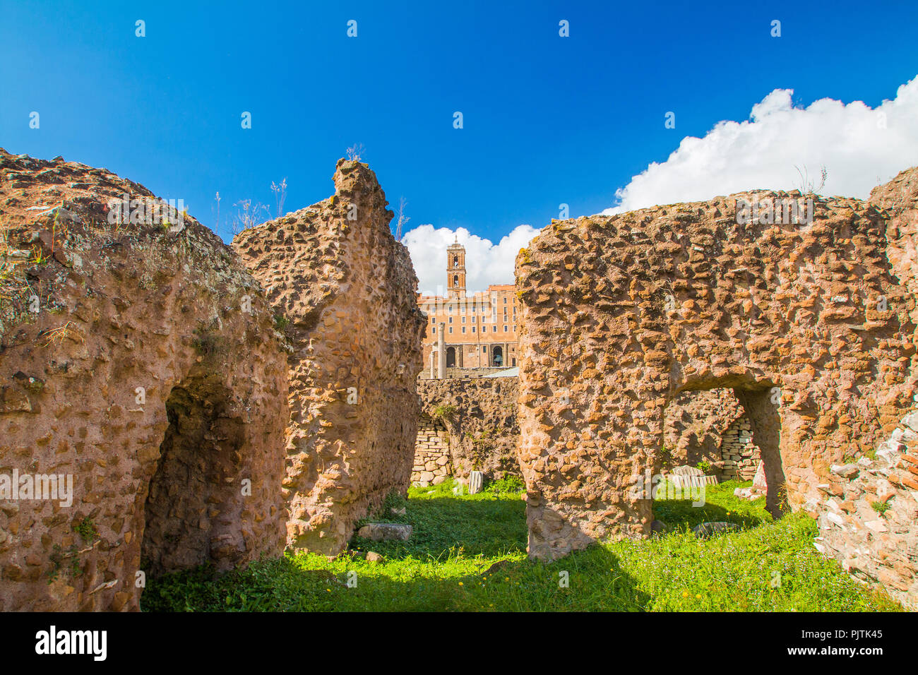 Church tower bell view from ruins of Forum Romanum, (Roman Forum), Rome ...