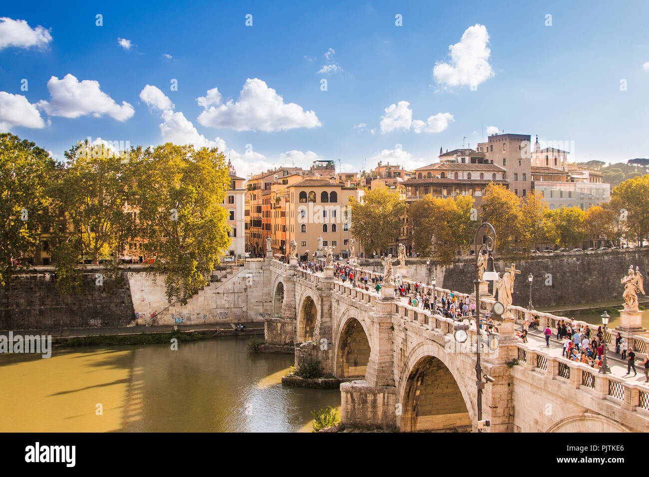 Sant'Angelo Bridge across the Tiber river, aerial view from the Castle ...