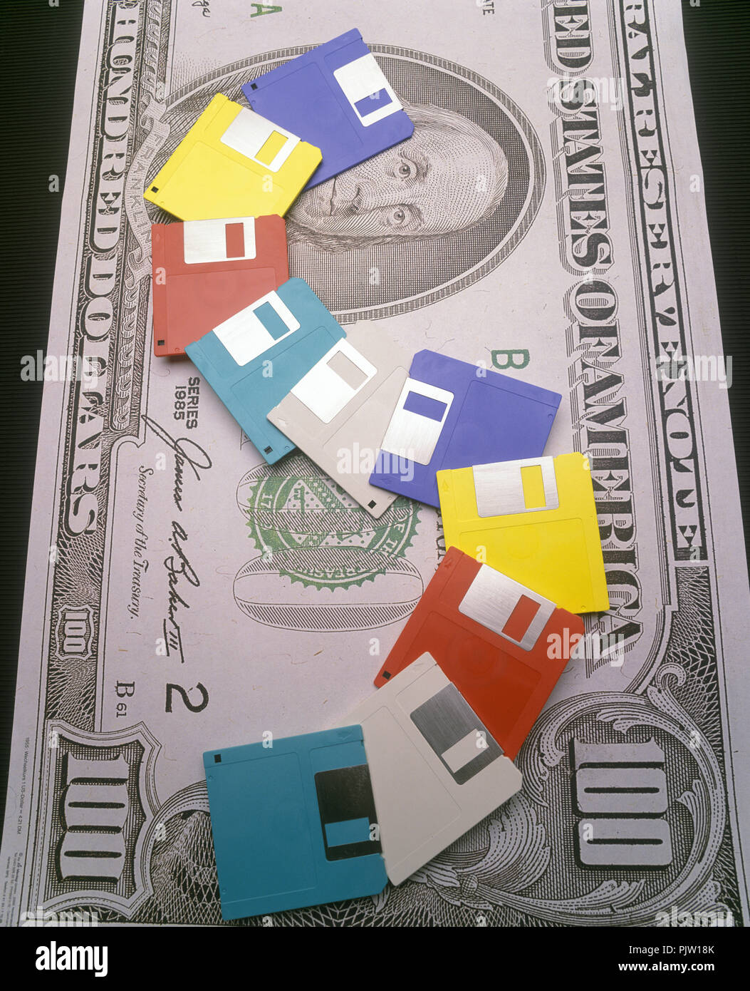 1991 HISTORICAL MULTICOLORED 3.5 INCH FLOPPY DISCS (©IBM 1973) ON LARGE ...