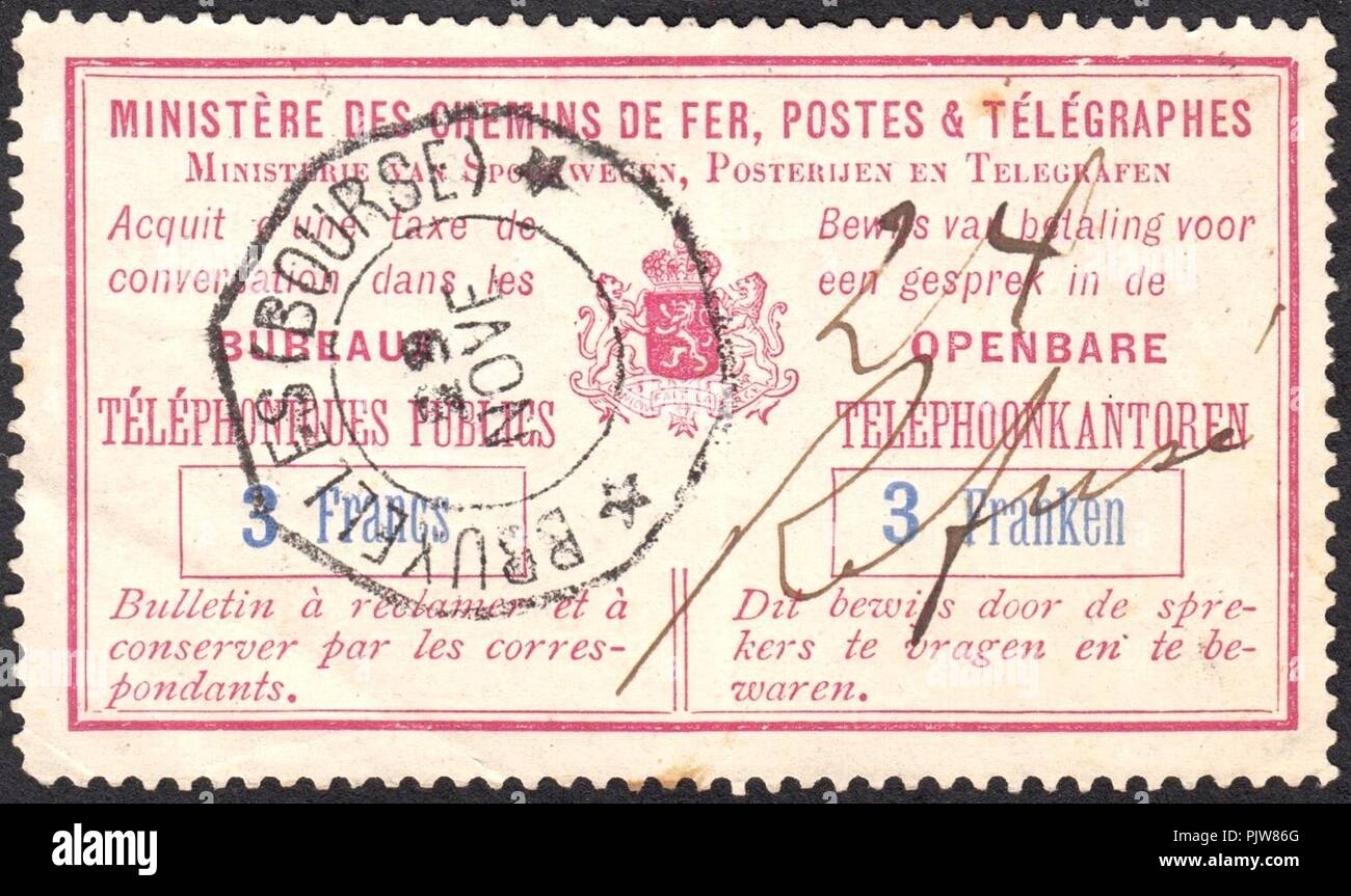 Belgium 1891 3f telephone stamp counterfoil Stock Photo - Alamy